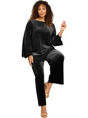 Roaman's Velour Tunic With Lace Trim And Bell Sleeves Black