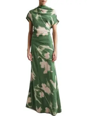 Lela Rose Abstract Floral Draped Asymmetric Gown - Cactus