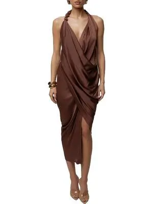 JLUXLABEL Dolce Draped Halterneck Midi Dress - Brown