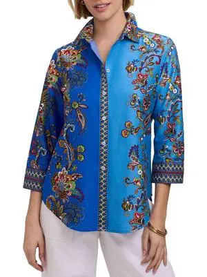 Foxcroft Margaret Floral Cotton Button-up Shirt - Blue Multi