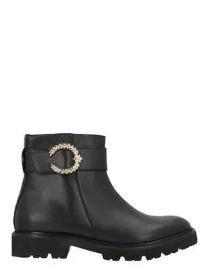 POLLINI Leather Ankle Boots With Buckle Detail - Black