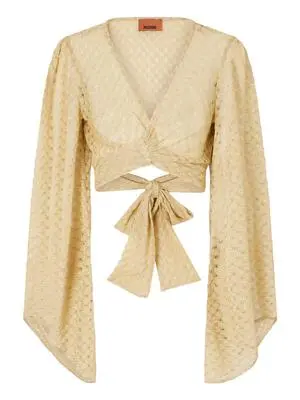 Missoni Cropped Metallic Crochet-Knitted Wrap Top Gold