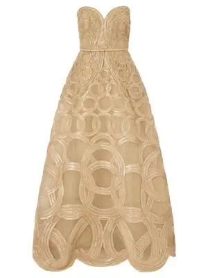 Elie Saab Strapless Sequin-embellished Raffia-trimmed Tulle Midi Dress - Neutrals