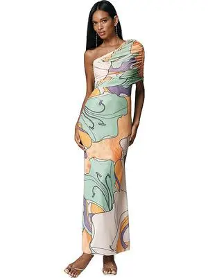 AFRM Mirabel One-Shoulder Maxi Dress Orange Pattern