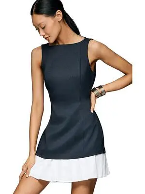 Avec Les Filles Boat-neck Pleated-hem Mini Dress - Navy