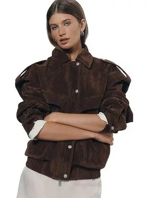 Avec Les Filles Faux Suede Utility Bomber Jacket - Brown