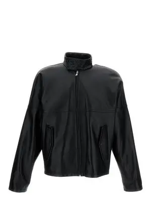 Bottega Veneta Leather Jacket With Interwoven Collar - Nero