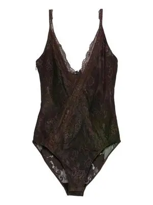 HERSKIND Floral Lace V-neck Bodysuit - Brown