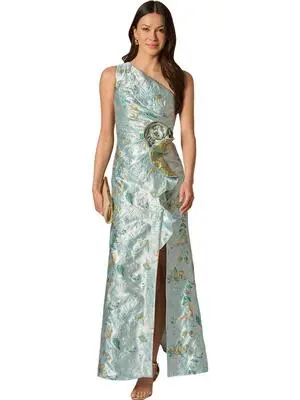 Adrianna Papell Petite One Shoulder Floral Jacquard Rosette Gown - Blue Multi