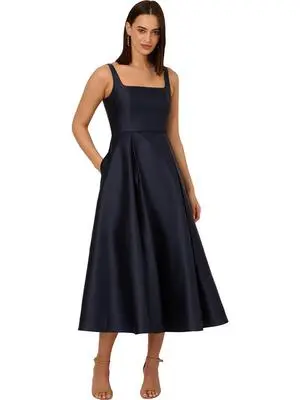 Adrianna Papell Mikado Sleeveless Square Neck Midi Dress - Midnight