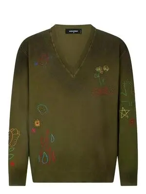 Dsquared2 V-neck Pullover Sweater With Scribbled Embellishments - Green