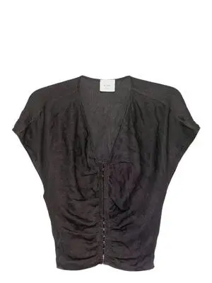 ALYSI Gathered V-neck Blouse - Brown