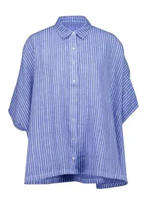 120% Lino Striped Linen Short-Sleeve Shirt Blue