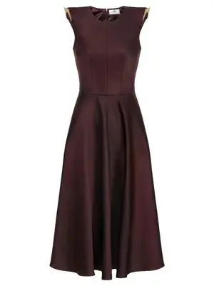 Elisabetta Franchi Duchess Satin Sleeveless Midi Dress With Geometric Plaque - Brown