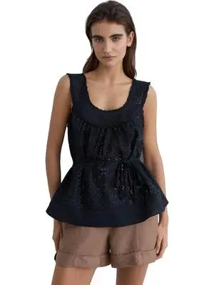 REISS Larna Cotton Broderie Anglaise Cami Top - Navy
