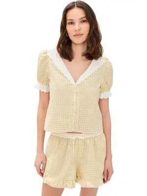 WAYF Emma Plaid Seersucker V-neck Top - Yellow