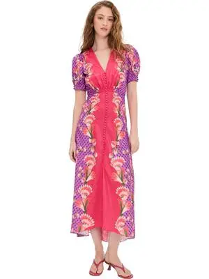 Saloni Vida D Ruffled Floral-Print Silk-Satin Dress In Green - 40% Off |  Editorialist
