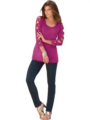 Roaman's Roaman's Lattice Sleeve Scoopneck Tee Raspberry
