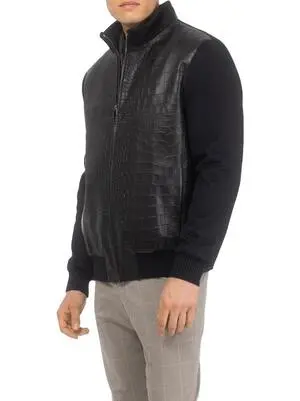 Gorski Wool And Croco-embossed Leather Front Jacket - Black/black