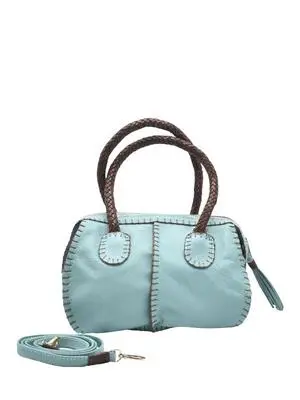 Carlos Falchi Mini Barrel Leather Bag With Woven Handles - Teal