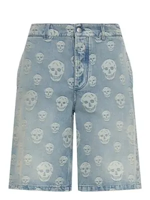 Alexander McQueen Denim Shorts With Monogram - Blue