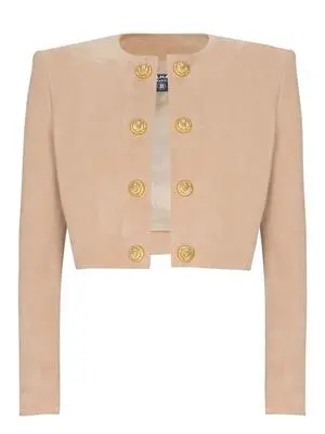 Balmain Cropped Suede Jacket - Beige