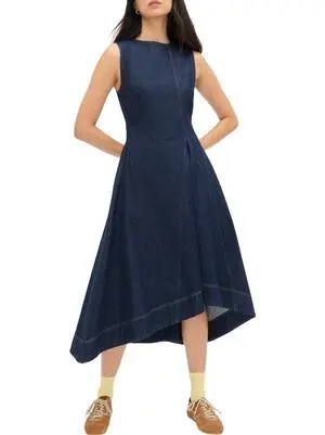 ALIGNE Asymmetric Sleeveless Stretch Organic Cotton Denim Midi Dress