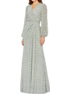 Mac Duggal Sequin-embellished Long Sleeve Evening Gown - Sage