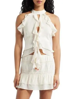 KITTENISH Ruffle Trim Halter Top - Egret