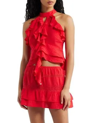 KITTENISH Ruffle Trim Halter Top - Poppy Red