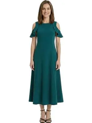 24SEVEN COMFORT APPAREL Petite Ruffle Sleeve Cold Shoulder A-line Maxi Dress - Hunter