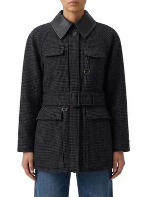Chloé Houndstooth Virgin Wool Coat With Leather Collar - Black