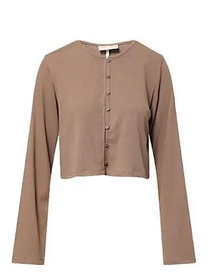 THE COUTURE CLUB Button-through Ribbed Cotton-blend Top - Brown