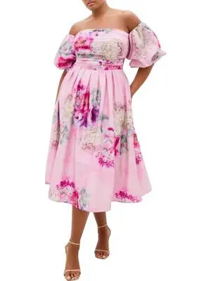 CITY CHIC Rosalee Floral Off-The-Shoulder Cotton Midi Dress