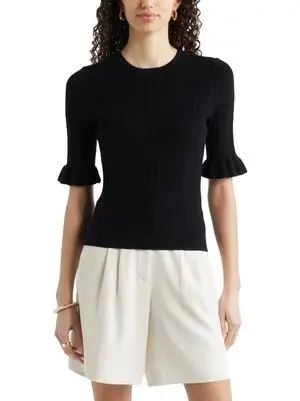 Nordstrom Pointelle Wool-blend Crewneck Sweater - Black