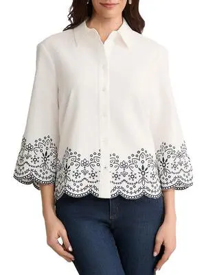 Jones New York Embroidered Linen Blend Shirt - Natural White/pacific Navy