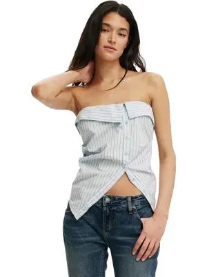 COTTON ON Mia Strapless Shirt - Skyway Blue Pinstripe