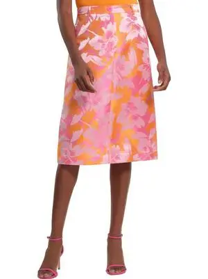 ISAAC MIZRAHI NEW YORK Floral Satin Brocade Pencil Skirt - Pink/orange