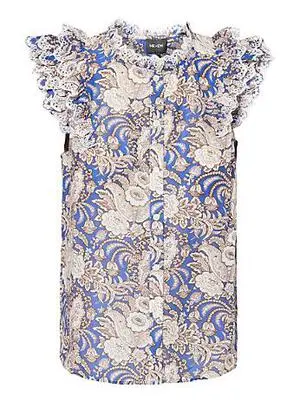 ME+EM Botanical-print Ruffled Cotton Blouse - Blue Multi