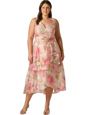 Adrianna Papell Floral Organza Cascade High Low Midi Dress - Sage Multi