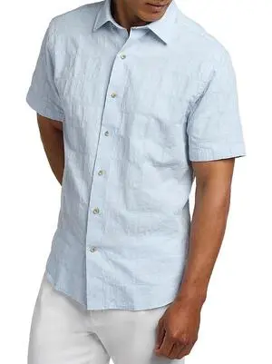 David Donahue Cotton Linen Jacquard Short Sleeve Shirt - Sky