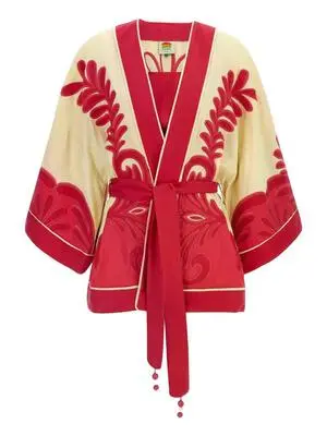 Farm Rio Floral-embroidered Linen Kimono - Neutrals