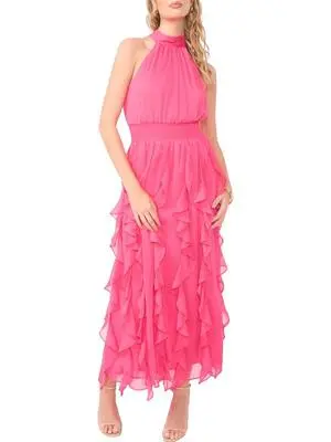 1.State Cascading Ruffle Sleeveless Maxi Dress - Pink