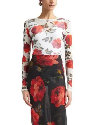Carolina Herrera Rose Print Silk Mesh Top - Ivory Multi
