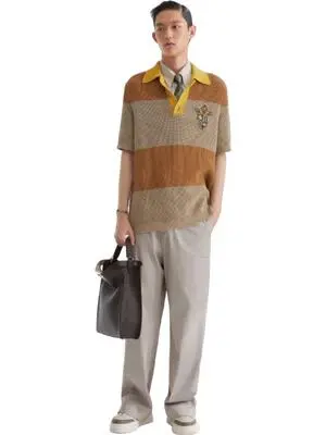 Fendi Yellow And Beige Striped Cotton Knit Polo Shirt - Multicolour