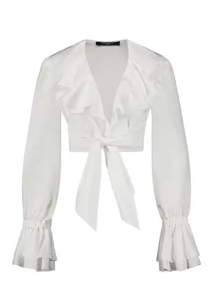Balmain Cropped Ruffled Poplin Shirt - White