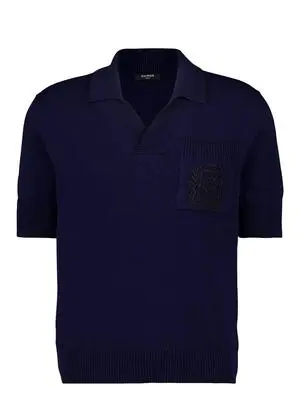 Balmain Navy Écusson Embroidered Knit Polo Shirt - Blue