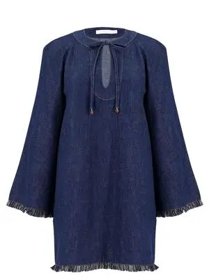 Zimmermann Rhiannon Fringed Denim Mini Dress - Blue