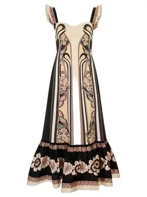 La DoubleJ Floral Ruffled Midi Dress - Black