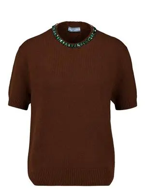 Prada Wool-Cashmere Sweater With Crystal Appliqués Brown